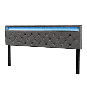 IKIFLY Upholstered California King Size LED Headboard with LED Lights & 2 USB Ports - Adjustable Height - Button Tufted Linen Fabric Padded Headboard Only, Easy Assembly - Dark Grey/Cal King