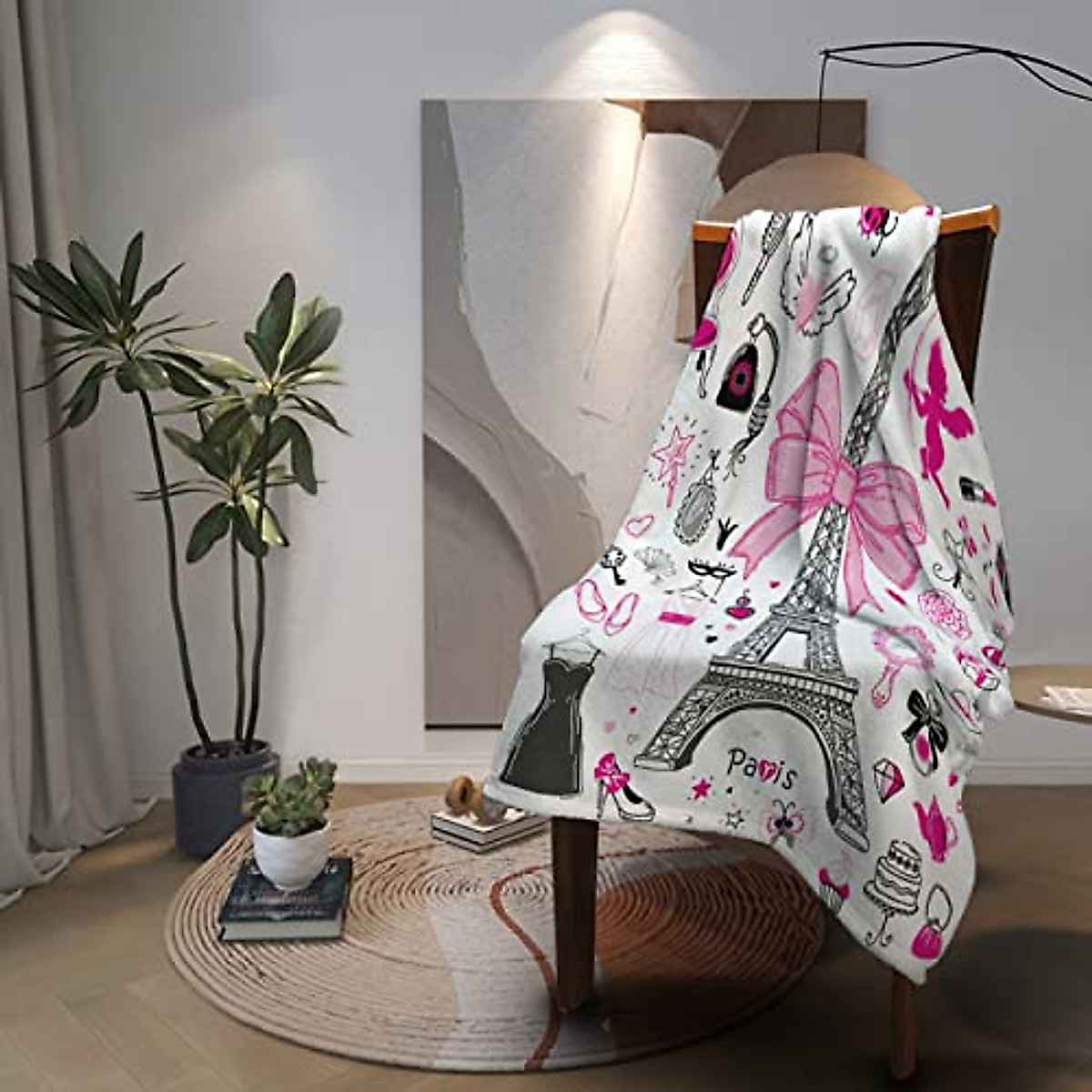 Romantic Paris Throw Blanket Girly Pretty Gifts for Women Girls Super Soft Warm Bed Bedding Blankets for Couch Bedroom Sofa Office Decor, All Season Cozy Flannel Plush Blanket, 70 X 50 Inch