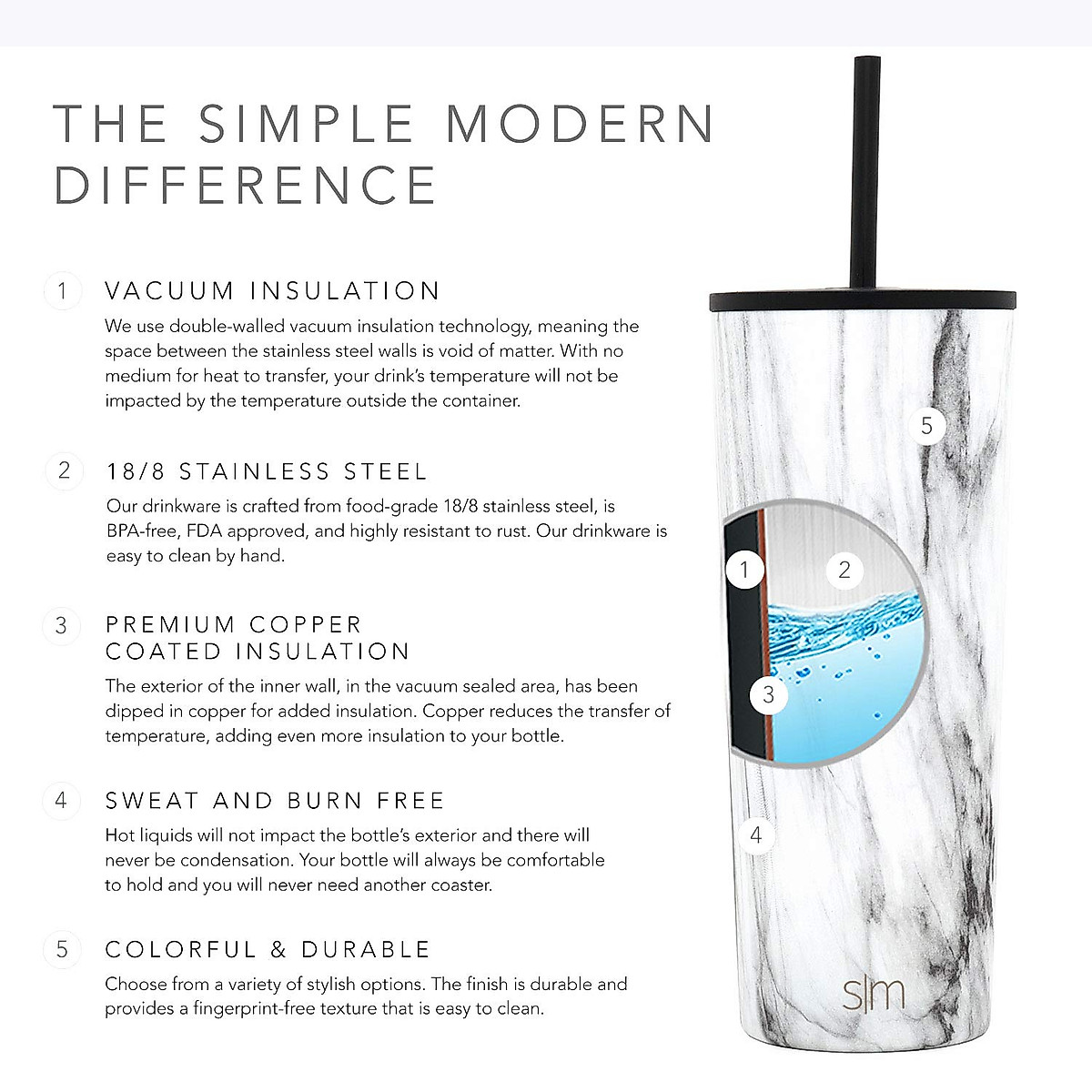 Simple Modern Insulated Tumbler with Lid and Straw | Iced Coffee Cup Reusable Stainless Steel Water Bottle Travel Mug | Gifts for Women Men Her Him | Classic Collection | 24oz | Carrara Marble