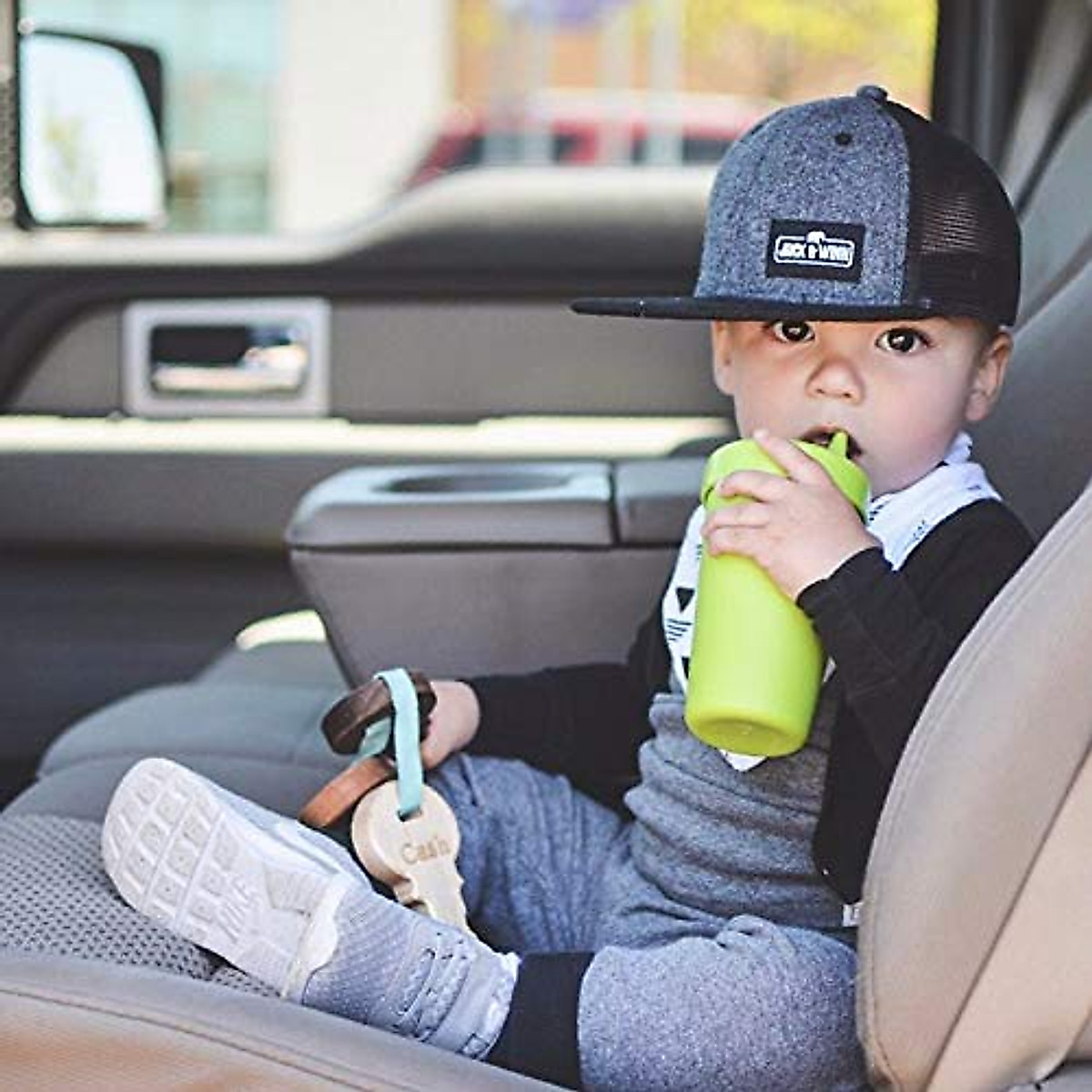 Re Play Made in USA 2pk Toddler Feeding No Spill Sippy Cups with 1 Piece Silicone Easy Clean Valve, BPA Free Eco Friendly Heavyweight Recycled Milk Jugs, Virtually Indestructible, Lime & Sky Blue