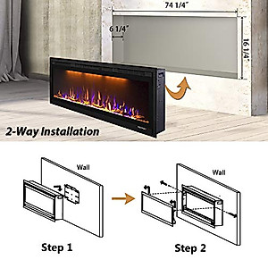 Valuxhome Electric Fireplace, 74 Inches Fireplace, Recessed and Wall Mounted Fireplaces for Living Room with Remote, Overheating Protection, Logset and Crystal, Touch Screen, 1500W/750W, Black