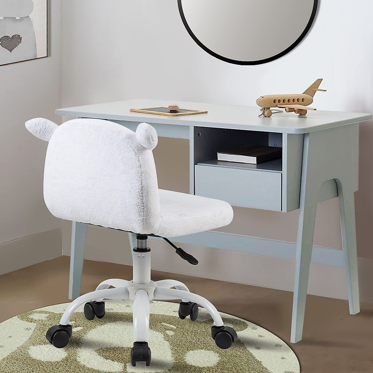 LEEJAY Cute Fuzzy Desk Chair for Teen Girls - Fancy Girl Computer Chair with White Metal Base - Ergonomic Adjustable Armless Swivel Rolling Children Vanity Chair, White Sleepy Piggy