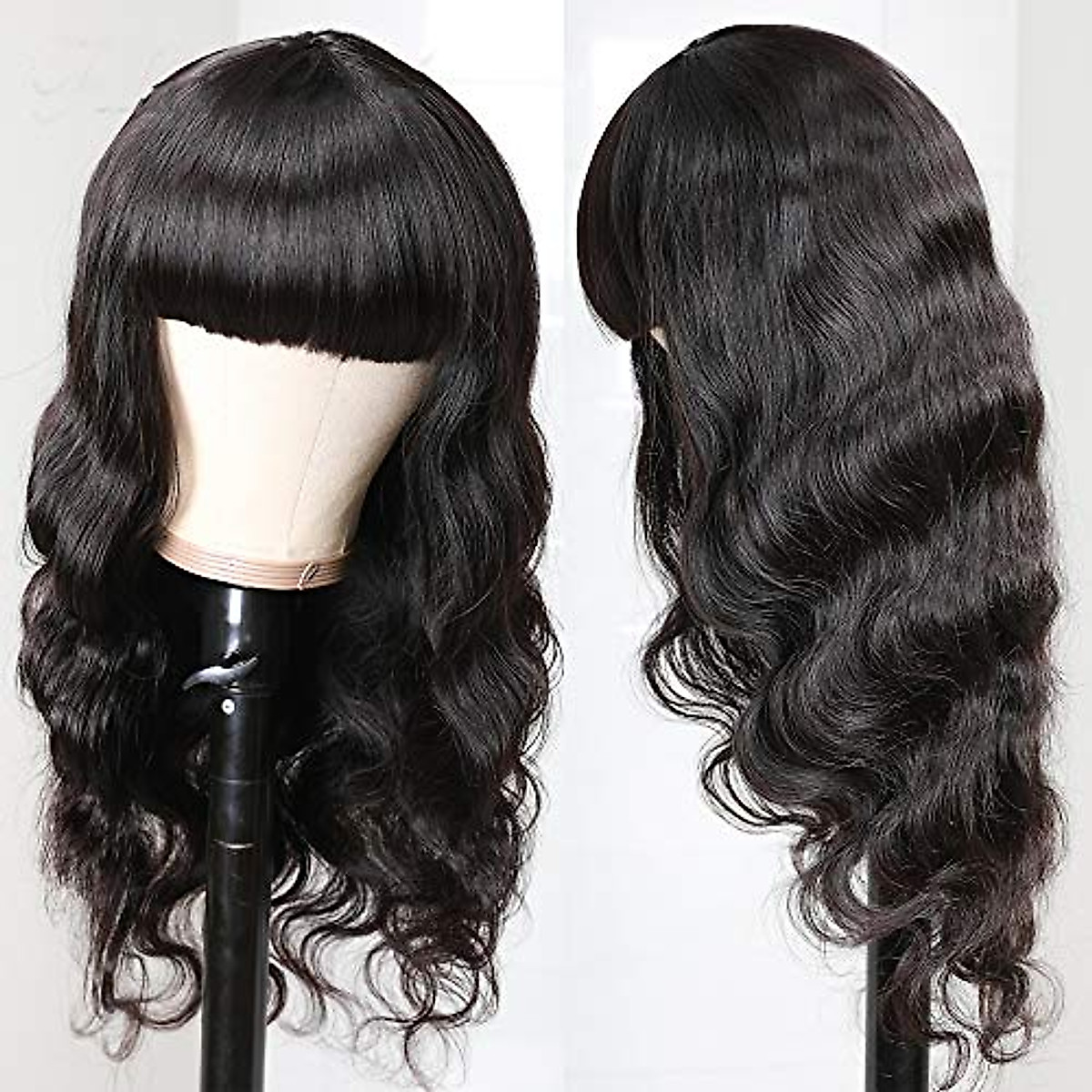 Body Wave Wigs With Bangs Virgin Brazilian None Lace Front Wigs Human Hair Wigs 180% Density Glueless Machine Made Wigs For Black Women (18 inch, body wave)