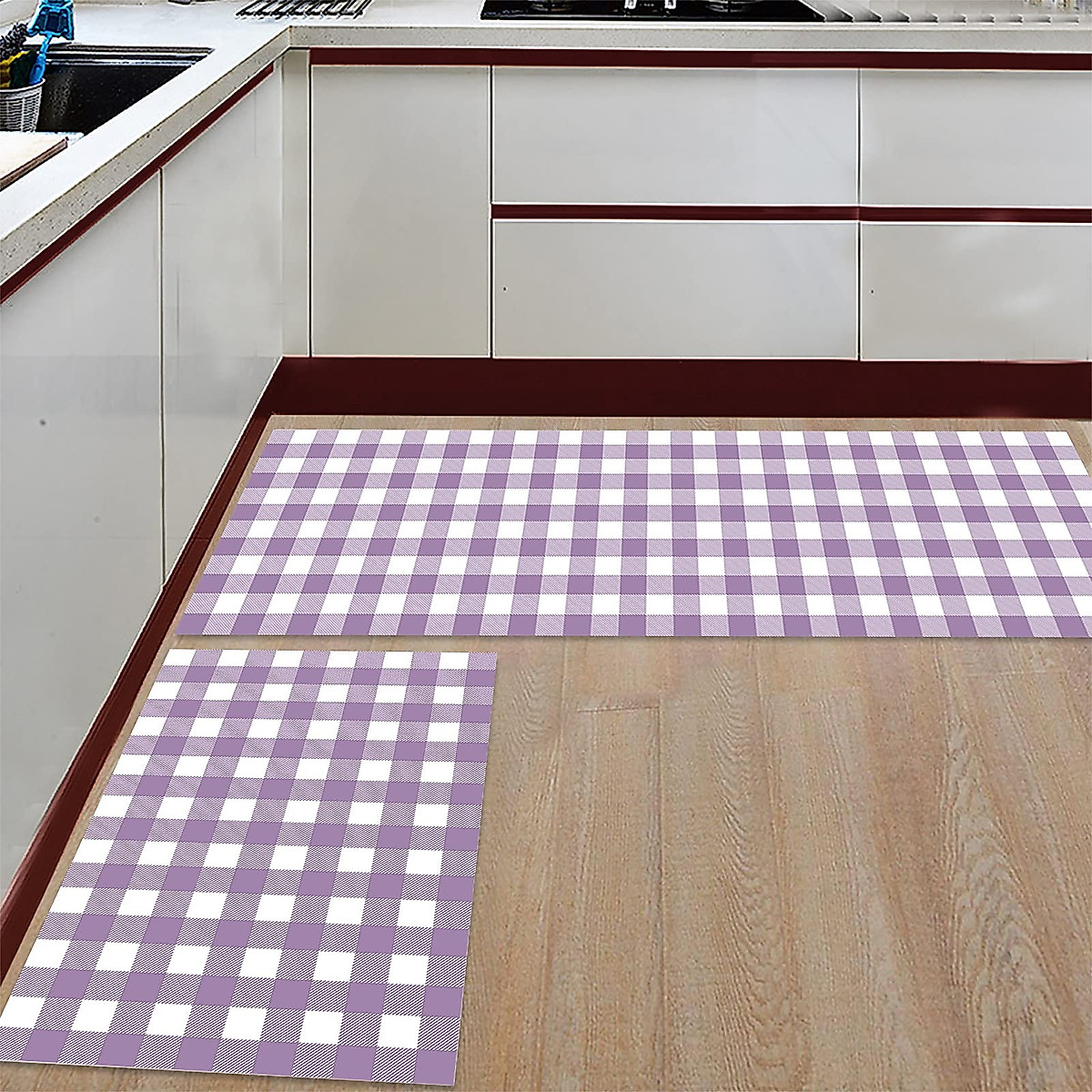Kitchen Rugs, Purple and White Buffalo Check Plaid Gingham Farmhouse Decoration Non Slip Runner Rug Mat for Floor, Kitchen, Bedside, Sink, Office, Laundry, Set of 2