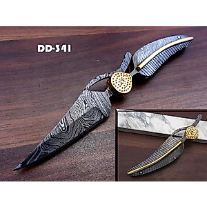 8" hand forged Damascus steel leaf folding pocket knife custom made, Engraved Damascus scale with bras art work cow leather sheath (Damascus) (Full Damascus)