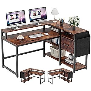 Loomie Reversible L Shaped Desk with Drawer, 55" W x 41" D Industrial Corner Computer Desk with 4 Tier Shelves & Monitor Stand and Bag, Study Table for Home Office, Rustic