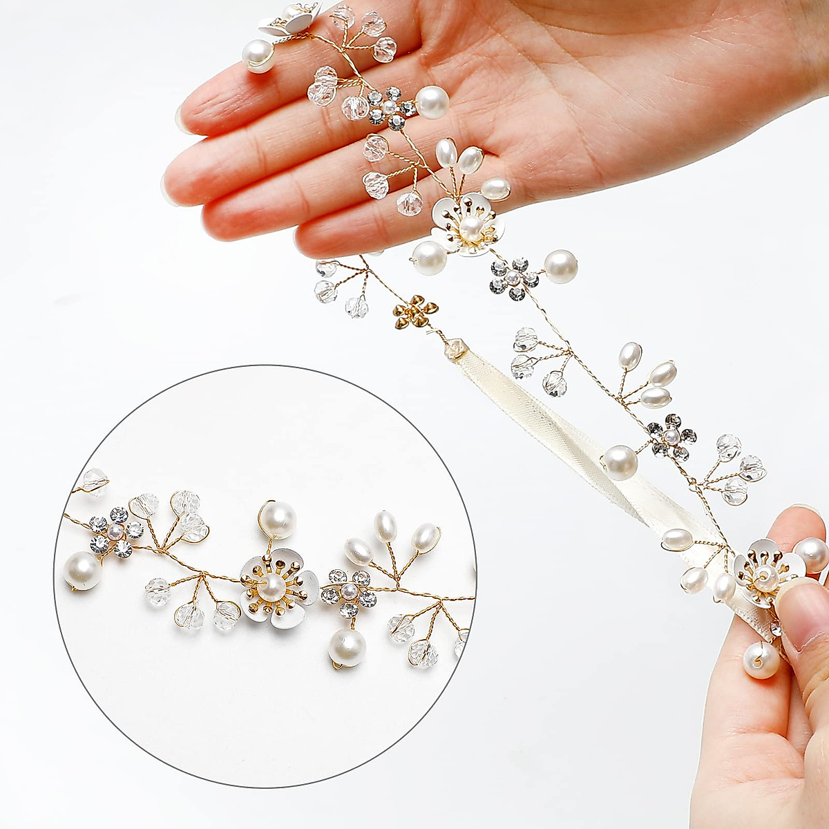 Oagsln Wedding Hair Accessories for Kids, Flower Girl Hair Accessory, Gold, White Headpiece, Rhinestones Hairband