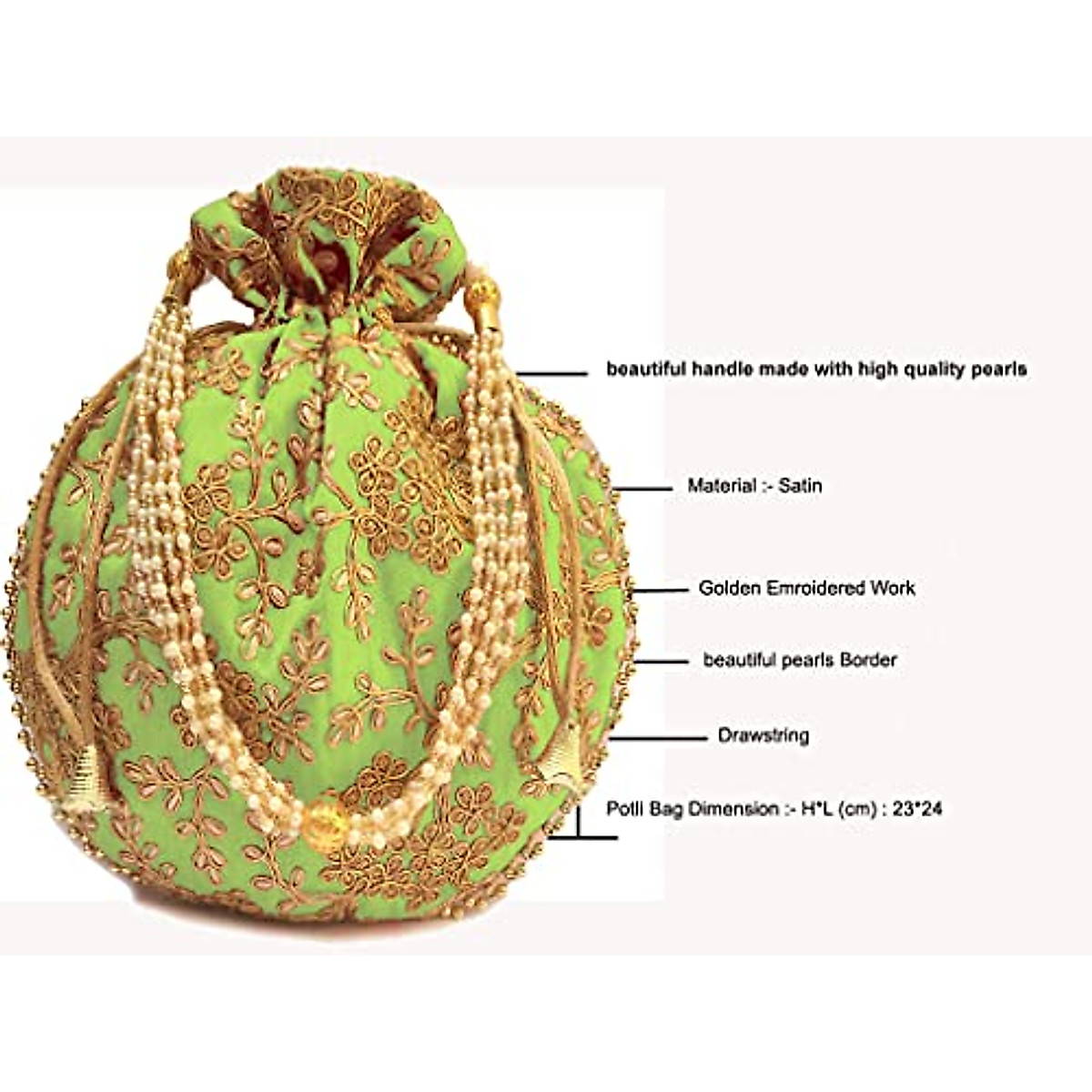Potli Bag For Women With Intricate Gold Thread & Sequin Ethnic Designer Embroidery Work Batwa Pearls Handle (Parrot Green)