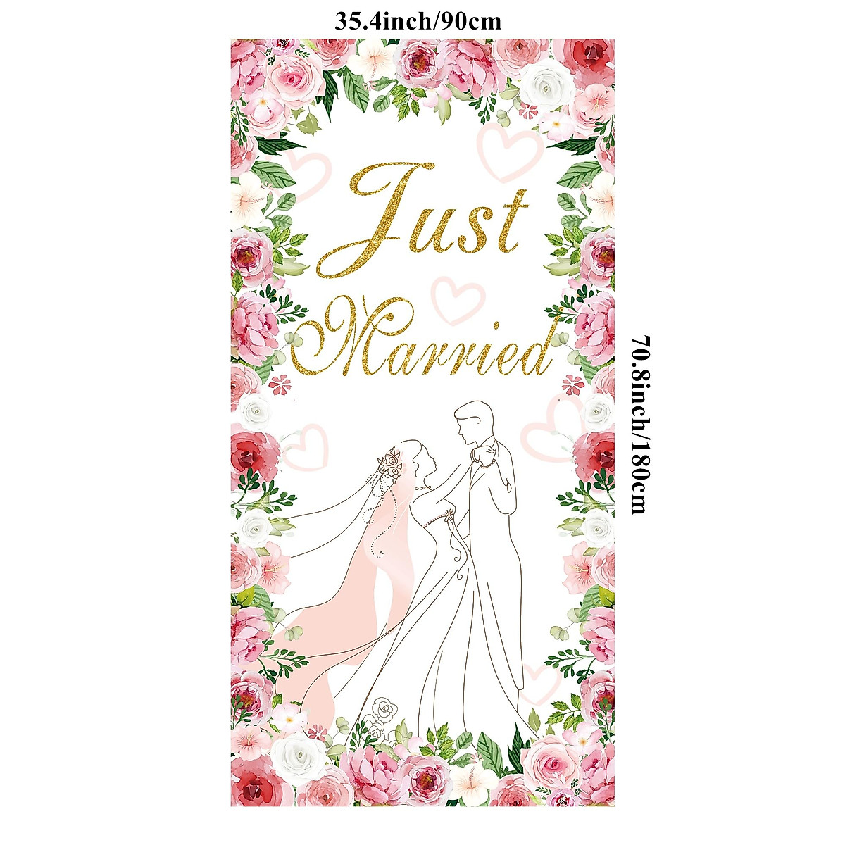 LOONELO Just Married Wedding Door Cover with 70.8''X35.4'', Floral Bridal Shower Hanging Banner Porch Sign for New Couple Wedding Ceremony, Engagement, Bachelorette Party Supplies