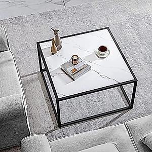 SAYGOER Marble Coffee Table Small Square Coffee Tables Simple Modern Center Table for Living Room Home Office 27.6 * 27.6 * 15.7, Easy Assembly, White Faux Marble