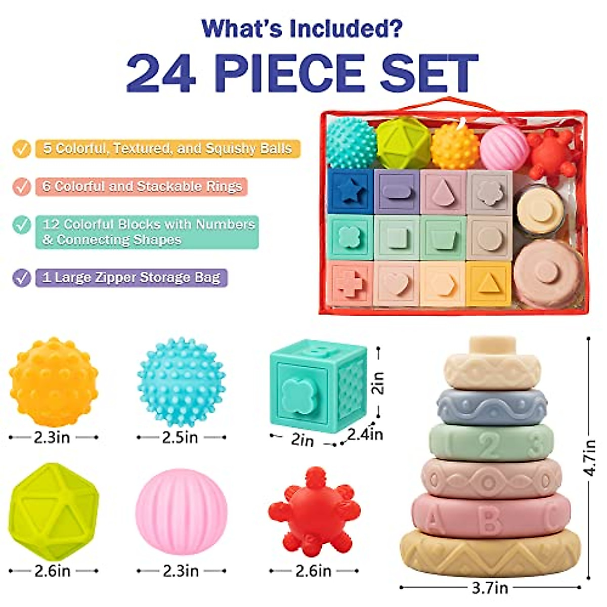 Jyusmile Baby Toys 6-12 Months, Montessori Toys for Babies 6-12 Months, Incl Stacking Building Blocks & Soft Infant Teething Toys & Sensory Balls for Toddlers 0-3-6-9-12 Months