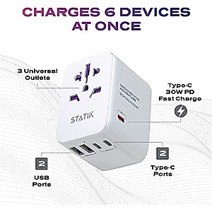 Statik GloboCharge Universal Travel Adapter to Over 200 Countries, 30W International Plug Adapter, 5 USB Ports Wall Charger with Type A & Type C, Fast Charging Worldwide Power Plug Adapter