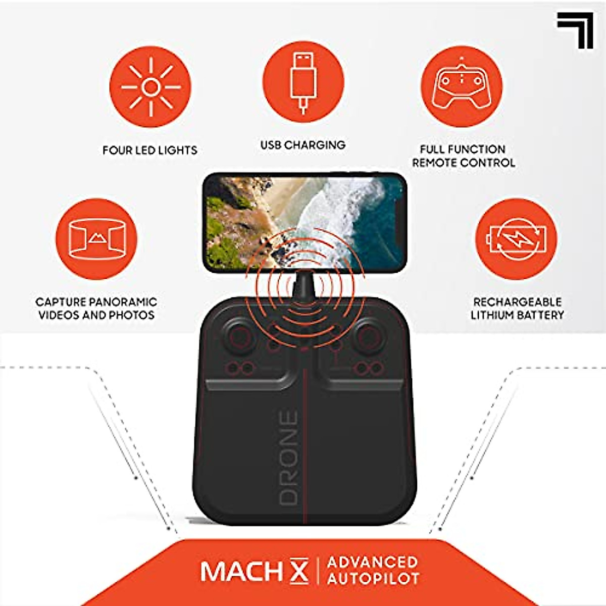 Sharper Image 10” Mach X Long Range Drone with Streaming Camera, LED Lights, 2.4 GHz, Auto-Orientation, Assisted Landing and Gyro Stabilization Control, Capture Panoramic Videos, Rechargeable Battery, 1 Count(Pack of 1)