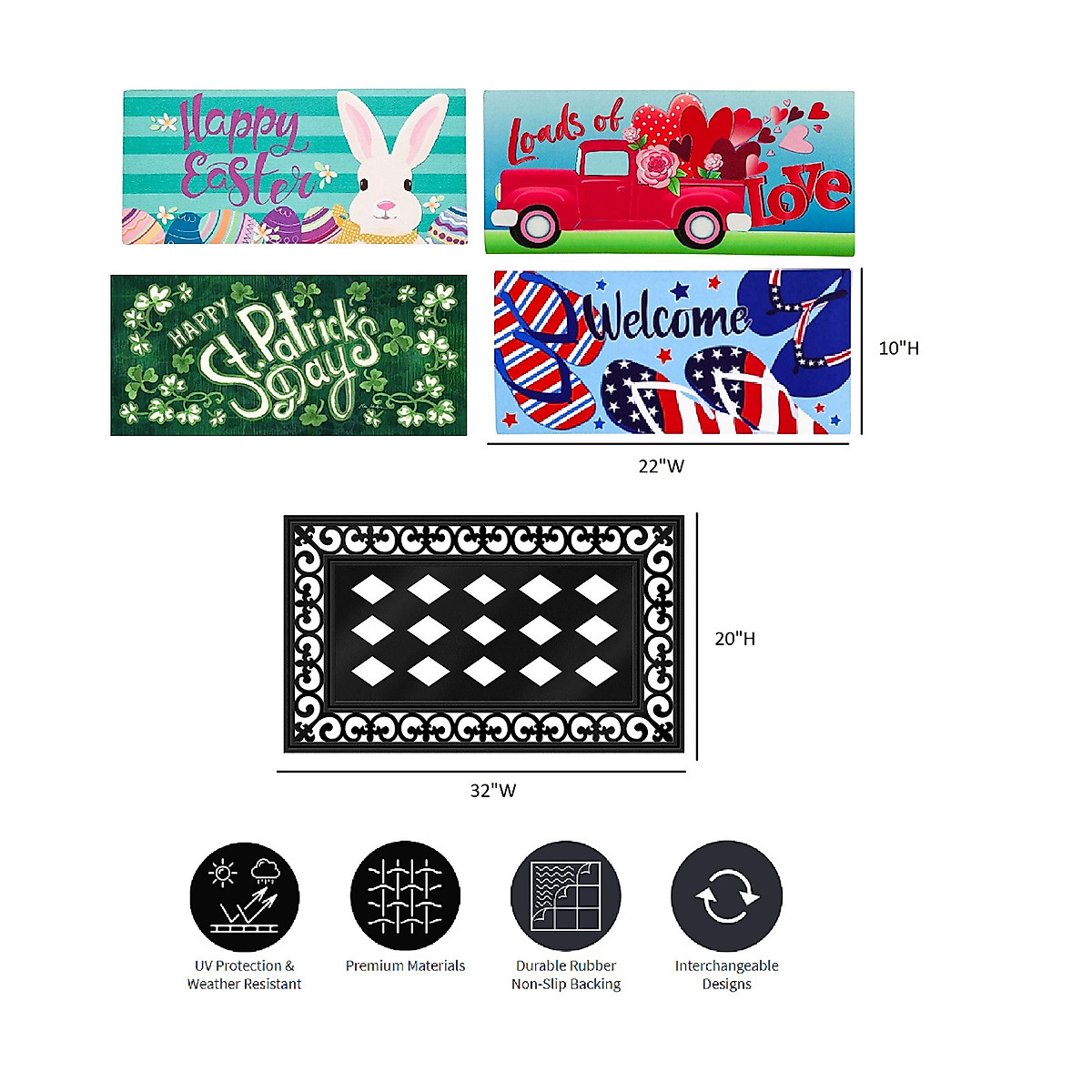 Evergreen Sassafras Bundle - Set of 5 Holidays Interchangeable Entrance Doormats | Indoor and Outdoor |22-in x 10-in doormats and 30-in x 18-in Tray | Non-Slip Backing | Low Profile | Home Décor