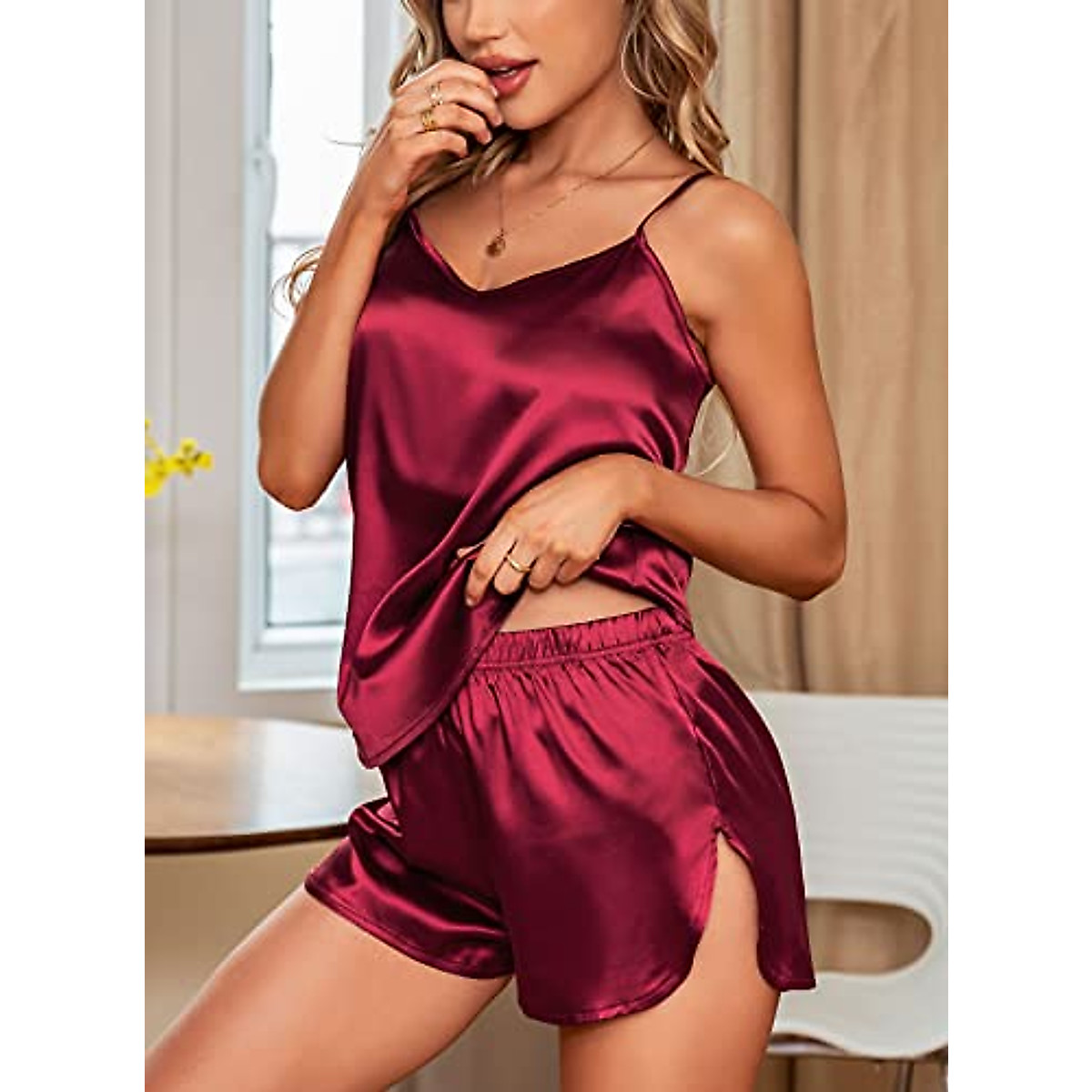 Pajamas Women's Cami Pajama Set Sleeveless Sleepwear Silk Satin PJ Sets Wine Red S