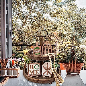 9 PCS Home Family Tiered Tray Decor Set for All Seasons-Rustic Wooden Tiered Tray Sign Decorative for Home Kitchen Table Shelf Bar