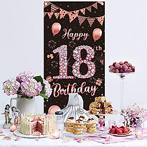 Lnlofen 18th Birthday Door Banner Decorations for Girls, Large 18 Year Old Birthday Party Door Cover Backdrop Supplies, Happy Eighteen Birthday Poster Sign(Rose Gold)