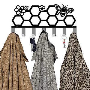 INFUNLY Key Holder for Wall Hive and Bees Pattern Wall Mounted Hooks Decorative Black Metal Organizer Rack with 7 Hooks for Bag Clothes Key Hanging Wall Decoration Bee with Honeycomb Art Wall Decor
