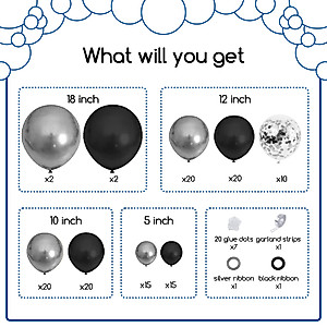 COKAOBE Black and Silver Balloons Garland Kit, 124pcs Black Metallic Silver Confetti Balloon Arch Kit for Wedding Engagements Birthday Graduation Baby Shower Celebrations Anniversary Party Decorations