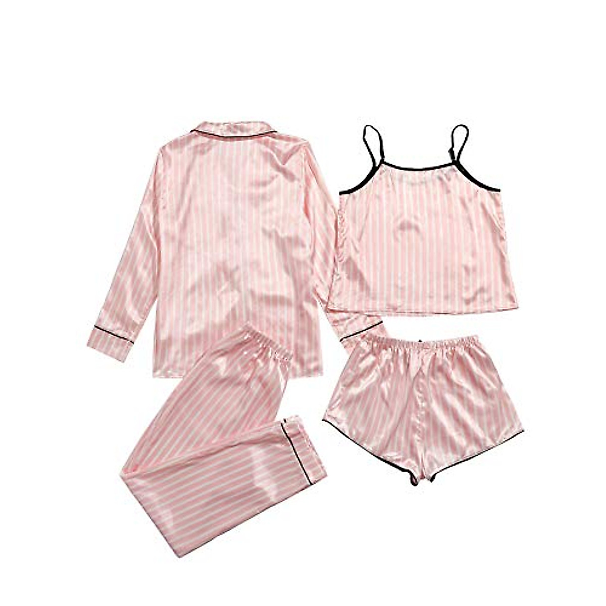 WDIRARA Women's Silk Satin Pajama Set 4 Pieces Sleepwear Loungewear Pj Sets Pink Striped L