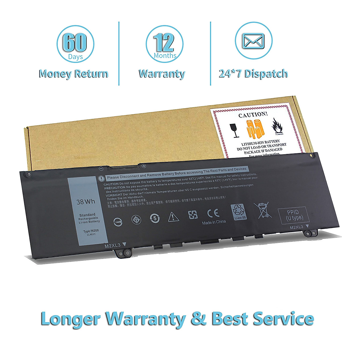 Bovekeey F62G0 P83G Battery 11.4V 38Wh for Dell Inspiron 13 7370 7380 7386 7373 5370 7000 2-in-1 P87G, Vostro 13-5370-D1505G D1525S D1605S, RPJC3 39DY5 F62GO 039DY5 0RPJC3