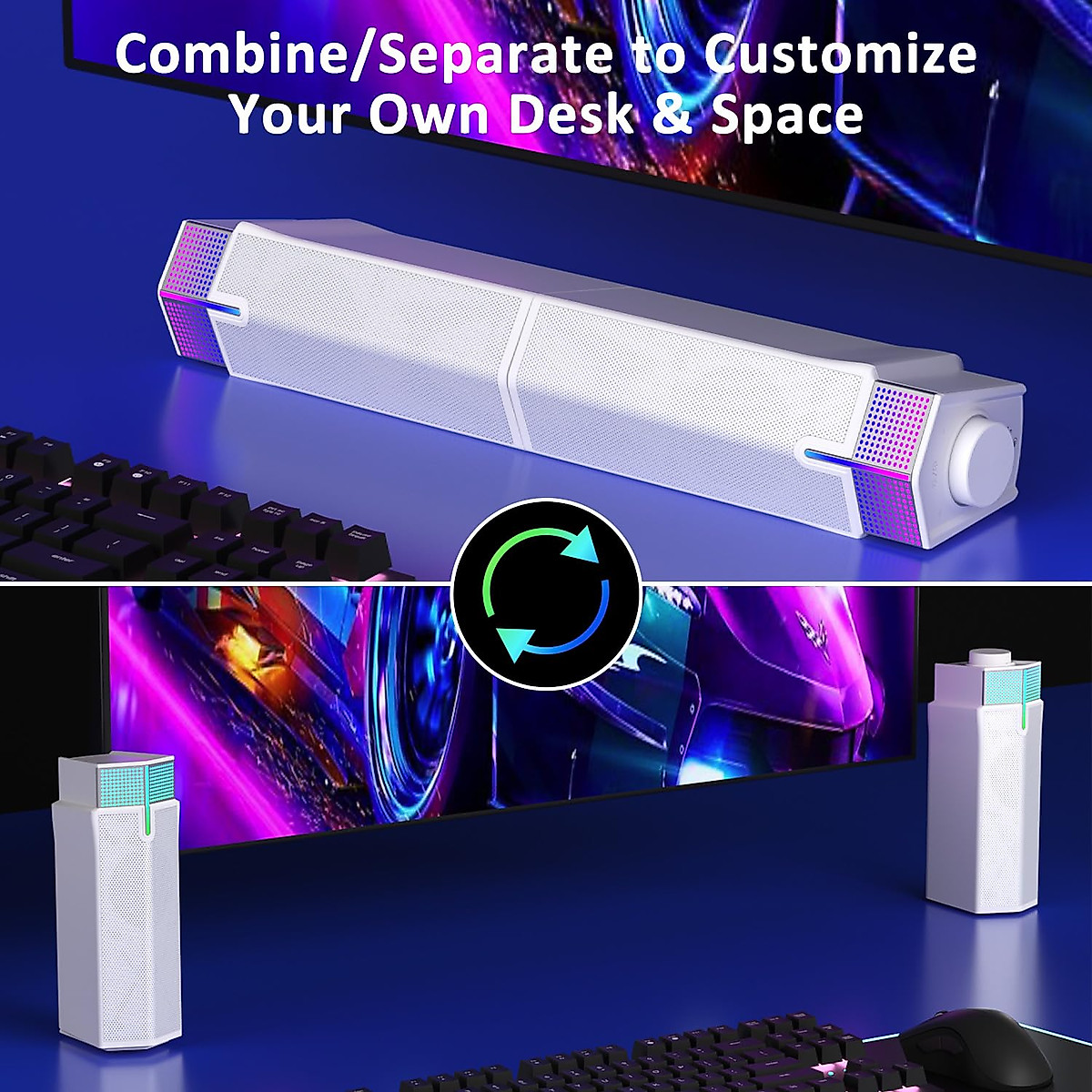Jeecoo M20 Bluetooth Computer Speakers for PC Desktop Monitor, Gaming PC Sound Bar - Wired USB-Powered, Superb Stereo Sound, with LED Lighting, White