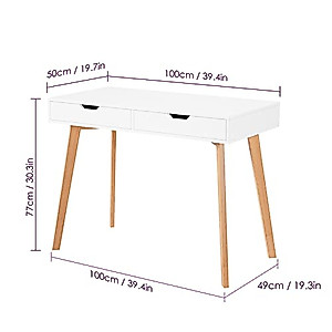 ITUSUT Modern Computer Desk with Drawers, Small White Writing Laptop Desk Makeup Table Vanity Desk with 2 Drawers & Natural Legs for Home Office