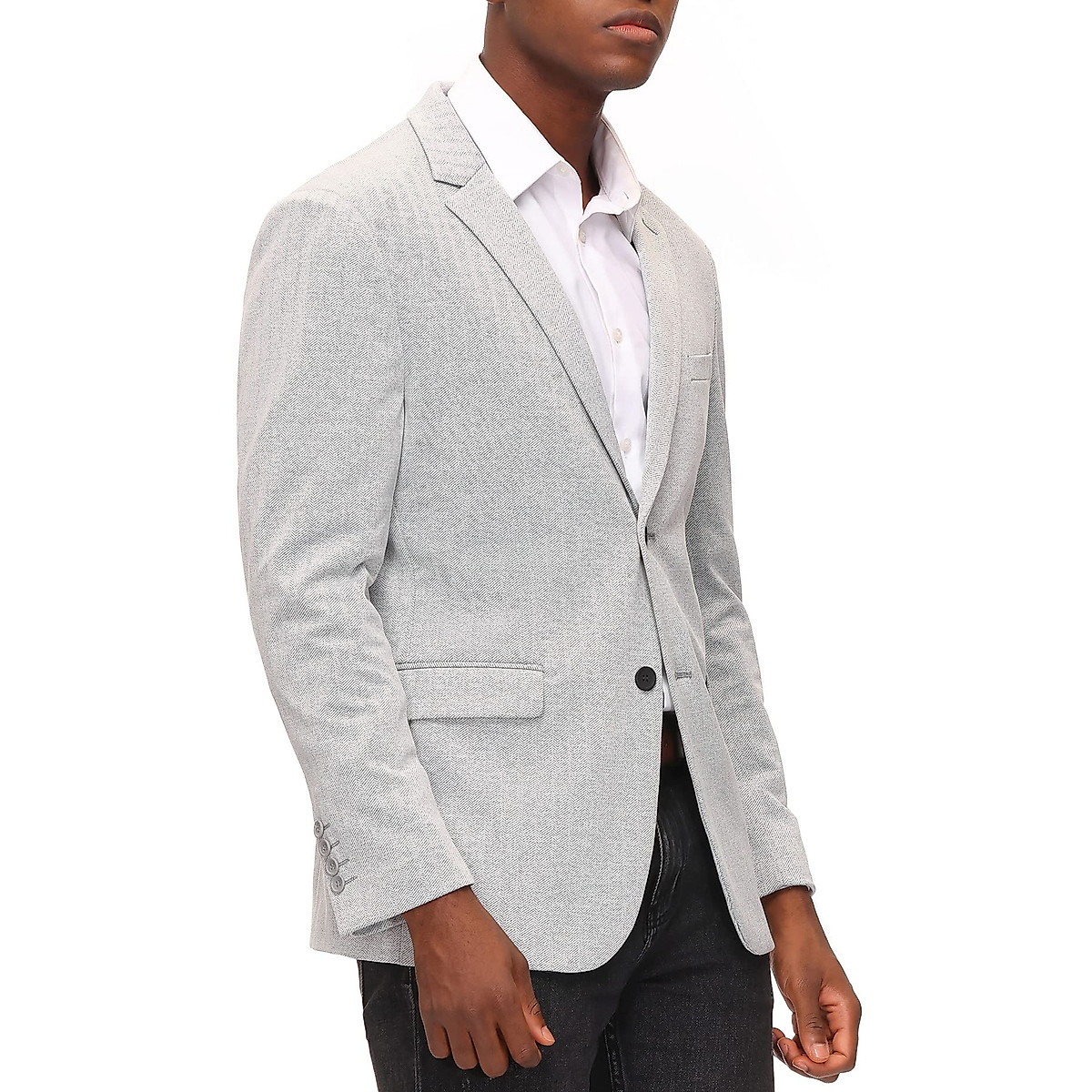 Men's 2 Button Herringbone Blazer Jacket Lightweight Casual Stretch Knit Sport Coat Light Grey L