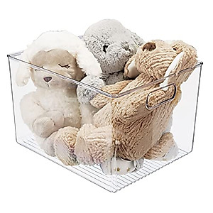 mDesign Large Modern Stackable Plastic Storage Organizer Bin Basket with Handle for Playroom and Toy Organization, Shelf, Cubby, Cabinet, and Closet Organizing Decor, Ligne Collection - 4 Pack - Clear