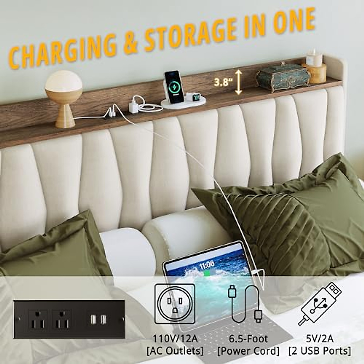 ANCTOR King Size Bed Frame with Storage Headboard and Charging Station, Upholstered Platform Bed with 3 Drawers, No Box Spring Needed, Easy Assembly, Beige