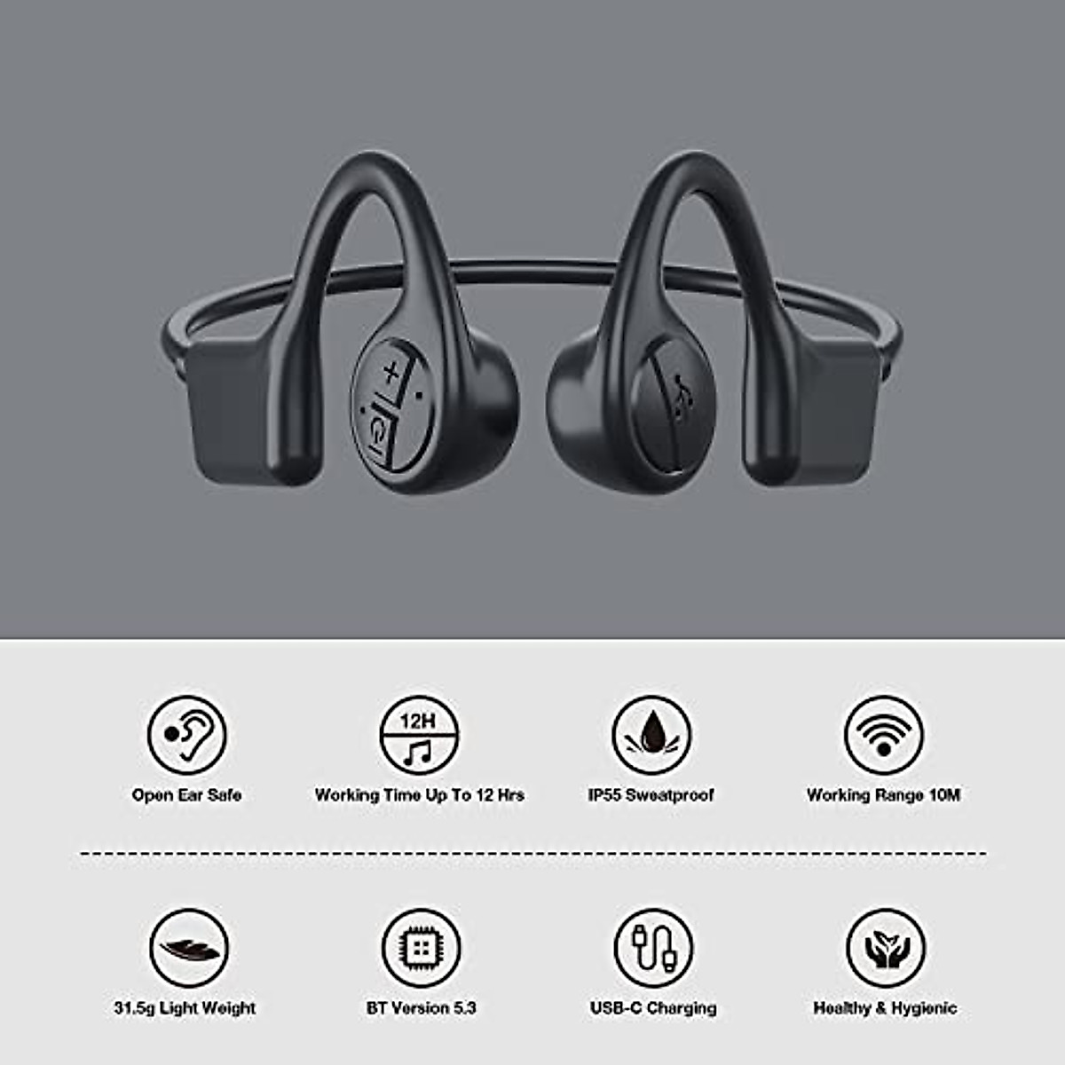 ROPASOMIC Bone Conduction Headphones, Open Ear Wireless Earphone Bluetoeth Headset with 12 Hours Playtime IP55 Sweatproof Built-in Mic,Perfect for Running Cycling Hiking and Workouts(DarkBlack)