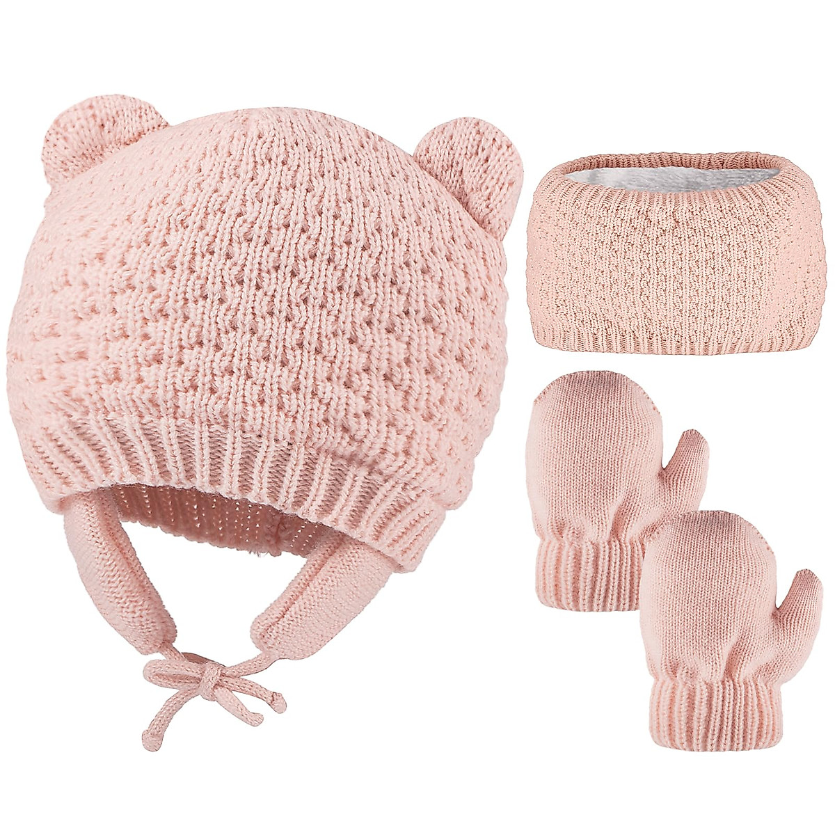 Breathffy Baby Winter Hats Warm Knitted Baby Scarf Glove Beanie Set Soft and Warm Toddler Hat and Glove Set for Girls Newborn Infant Winter Warm Accessories (Pink)