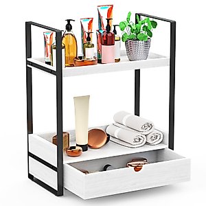 AnnBay Bathroom Counter Organizer,2 Tier Bathroom Organizer Countertop,Bathroom Counter Organizer with Drawers,Wooden Bathroom Organizer with Metal Frame,Perfect for Bathroom,Makeup,Kitchen Storage
