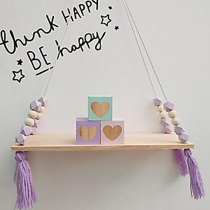 DEERWIN Hanging Shelf for Wall, Wood Hanging Shelves with Beads Tassels Boho Decor Swing Rope Rustic Floating Shelf，Wall Display Shelving Home Organizer Rack for Living Room Bedroom Kitchen (Purple)