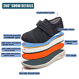 W&Le-Slippers Women's Wide Width Walking Shoes with Adjustable Closures, Air Cushion Breathable Mesh Sneakers for Elderly Diabetic Edema Swollen Feet(BK-GY,7) Black-Grey