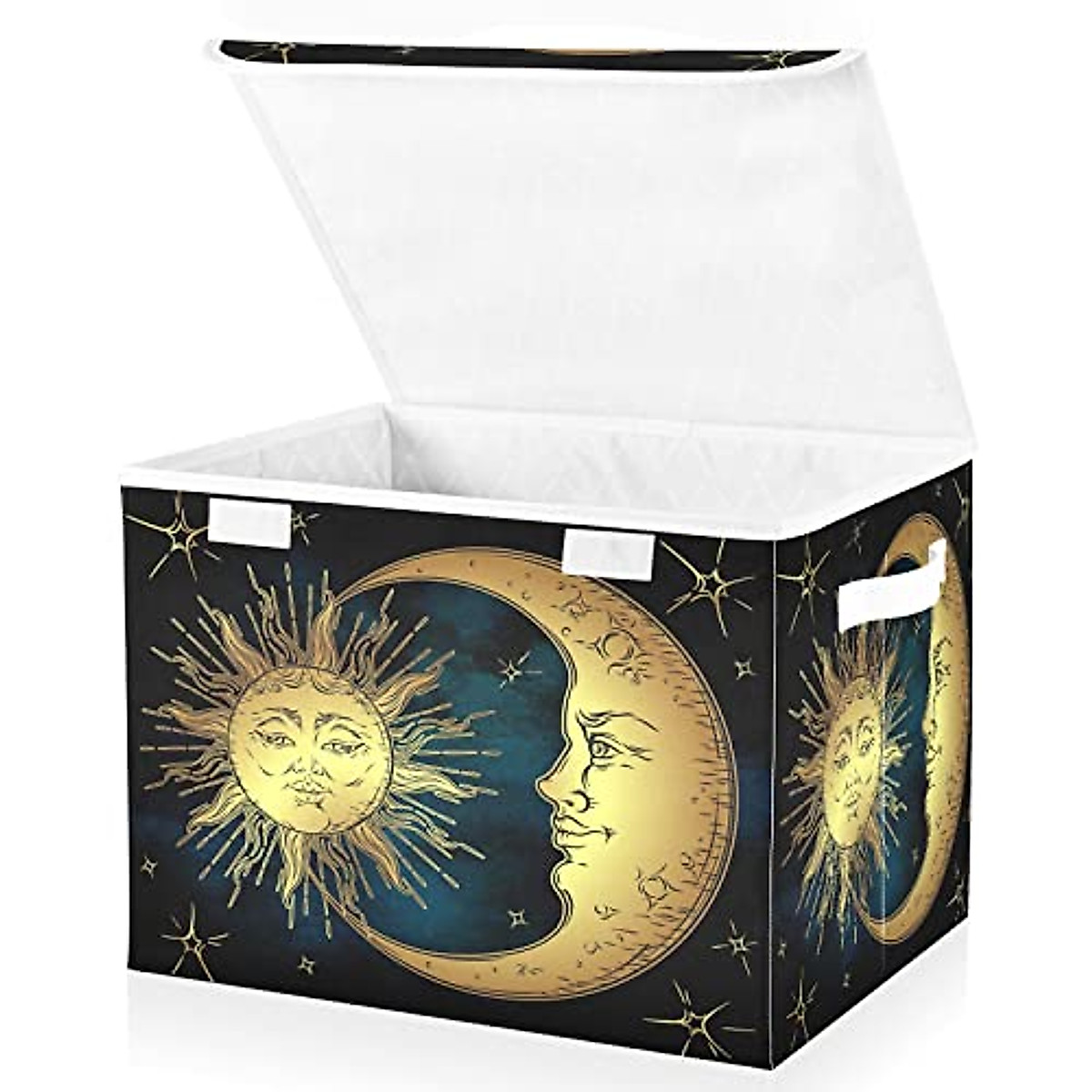 Krafig Boho Chic Golden Sun Moon Foldable Storage Box Large Cube Organizer Bins Containers Baskets with Lids Handles for Closet Organization, Shelves, Clothes, Toys