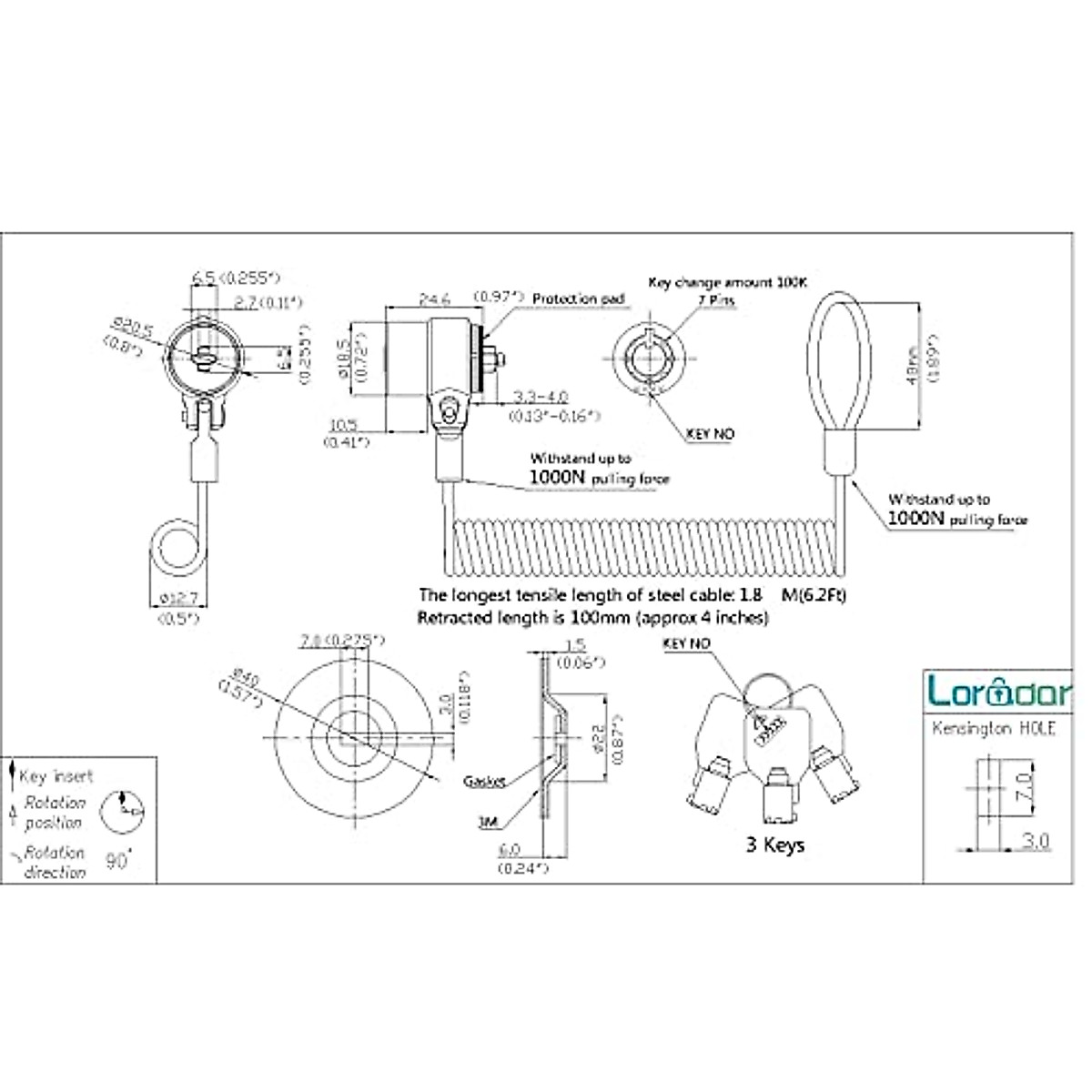 LORADAR Security Hardware Cable Lock Kit,Retractable Cable Lock Portable Keyed Laptop Lock 3 Keys 6.2Ft for Monitors, Laptops, MacBooks, Tablets, iPad,Mac Mini, (Keyed Different)