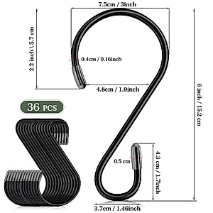 Hotop 36 Pieces 6 Inch S Shaped Stainless Steel Hooks Metal Hanging Hooks Curtain Hooks Pan Pot Holder Rack Hooks for Hanging Pot, Pan, Cups, Plants, Bags, Jeans, Towels (Black)