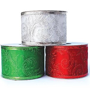 Christmas Ribbon for Gift Wrapping Green & Red Wired Ribbons Silver Sheer Wire Organza Set Present Wrap Around, Xmas Tree Decor Crafts Floral Arrangement Supplies & Decoration 50 Yards