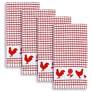 Cackleberry Home Backyard Chickens Windowpane Check Cotton Terrycloth Kitchen Towels, Set of 4 (Red)