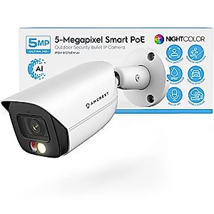 Amcrest 5MP IP PoE AI Camera w/ 49ft Color Night Vision, Security Outdoor Bullet Camera, Built-in Microphone, Human & Vehicle Detection, Active Deterrent, 129° FOV, 5MP@20fps IP5M-B1276EW-AI (White)