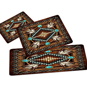 Rustic Kitchen Rug Sets 3 Piece,Tribal Native American Indian Southwestern Geometric,Comfort Floor Mats Washable Doormat Anti Fatigue Non-Slip Kitchen Runner Rug Farmhouse Bedroom Area Carpet