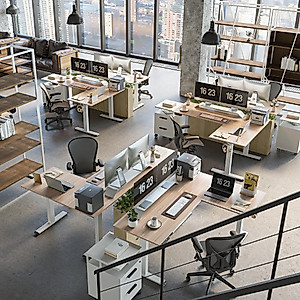 FEZIBO Triple Motor L-Shaped Electric Standing Desk, Height Adjustable Stand up Corner Desk, 63 Inches Sit Stand Workstation with Splice Board, White Frame/Light Walnut Top