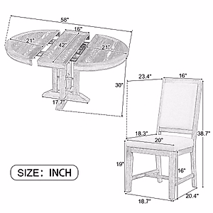 Knocbel 5-Piece Dining Sets 42-58" Extendable Round Table with 4 Upholstered Chairs, Farmhouse Rubber Solid Wood Frame Dining Set for 4 to 6 People Kitchen Dining Room, Natural Wood Wash