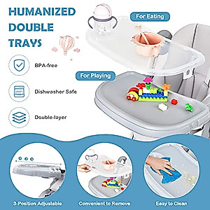 BABY JOY Baby High Chair, Folding Highchair w/ 4 Wheels, One-Step Brake, Removable Double Trays, Detachable PU, Flip-up Armrests, Adjustable Height, Backrest & Footrest for Infants & Toddlers (Gray)