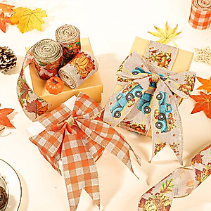 6 Rolls Fall Burlap Ribbons 2.5 Inch Wired Edge Pumpkin Maple Leaf Ribbon Rustic Harvest Truck Orange Plaid Ribbon for Autumn Thanksgiving Gift Wrapping DIY Wreath Crafts, 30 Yards