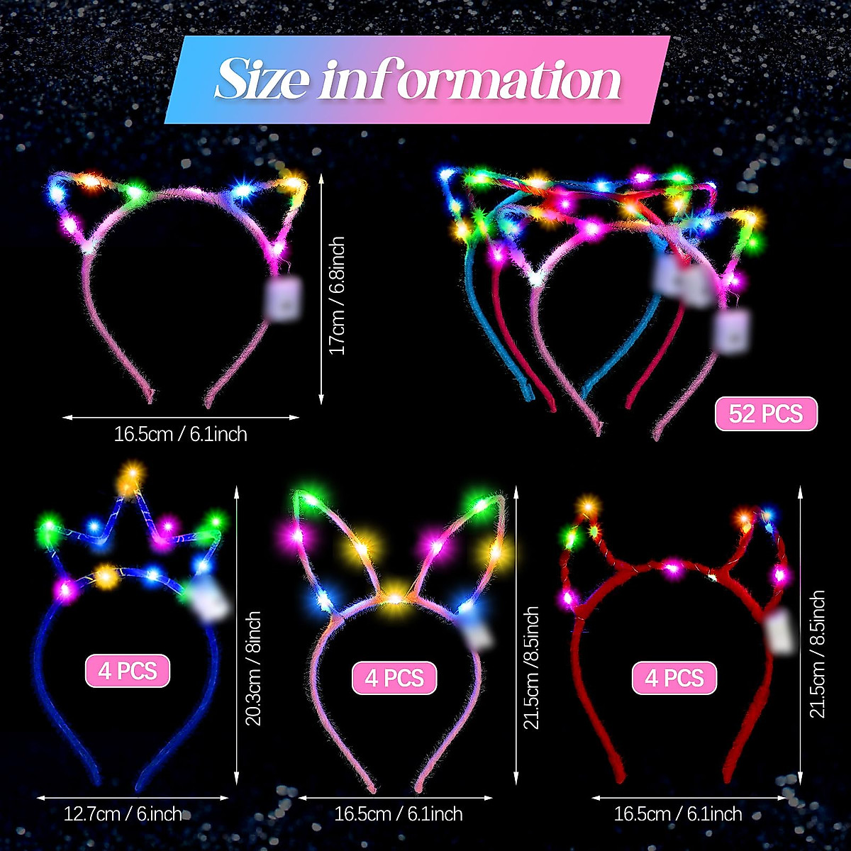 Xinnun 64 Pieces Light up Cat Ears Headband Bulk LED Bunny Ears Glow in Dark Cat Ears Luminous Hairbands Party Supplies for Women Adult Costume