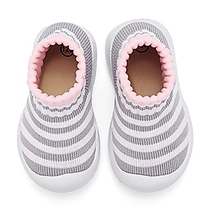 MORENDL Baby Walking Sock Shoes 2 Tiny Feet Infant Slippers Toddler Girl Boy Non-Slip Soft Sole Slip On House Shoes Pinkstripe 18-24 Months