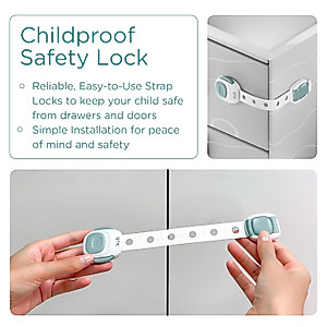 Baby Proofing Child Safety Strap Locks + Child Proof Outlet Covers (6+6 Pack) - Safety Locks for Baby with 3M Adhesive - Child Proof Cabinet Latches for Drawers, Fridge, Toilet - No Drilling (Green)