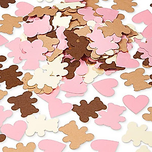 500 Pieces Bear Table Confetti Girl Baby Shower Paper Confetti Gender Reveal Bear Confetti Table Sprinkles Scatters for Boy Girl Baby Birthday Rustic Party Decor (Pink, Brown, Beige, Dark Brown)